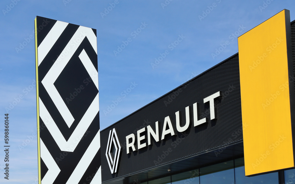 Reana, Italy. April 29, 2023. New Renault totem signage by side the ...