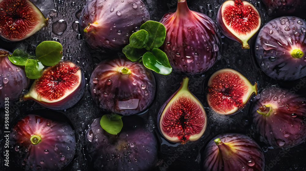 Fresh ripe figs with water drops background. Fruits backdrop ...