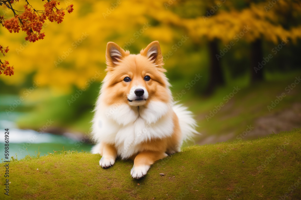 Cute German Spitz. Portrait of a beautiful German Spitz dog in the park ...
