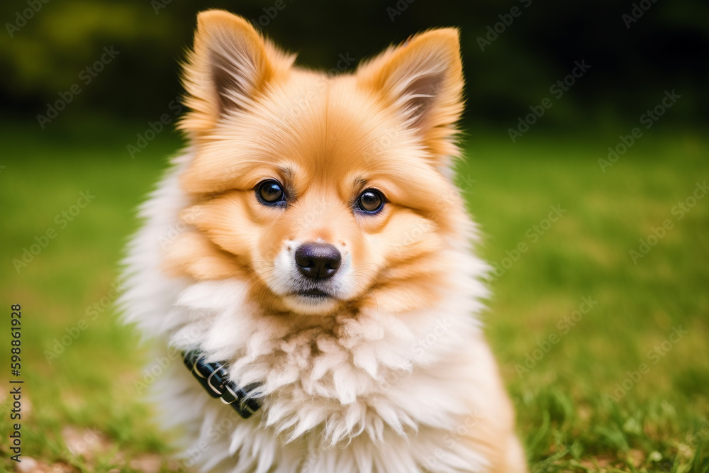 Cute German Spitz. Portrait of a beautiful German Spitz dog in the park ...