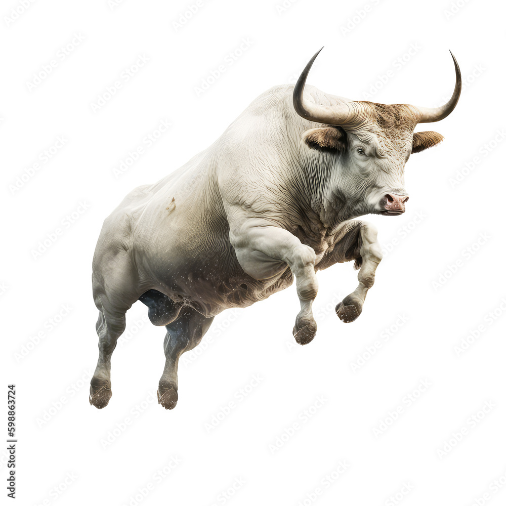 Bull isolated on white, transparent background and looks strong and ...