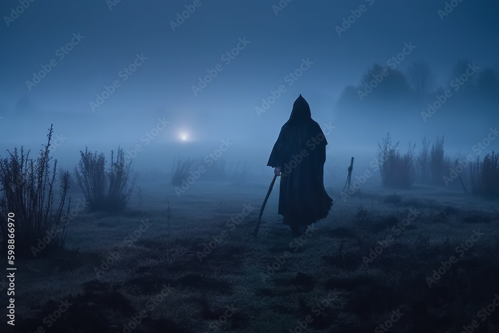 death in black cloak in hood at night in fog in the field. Generative ...