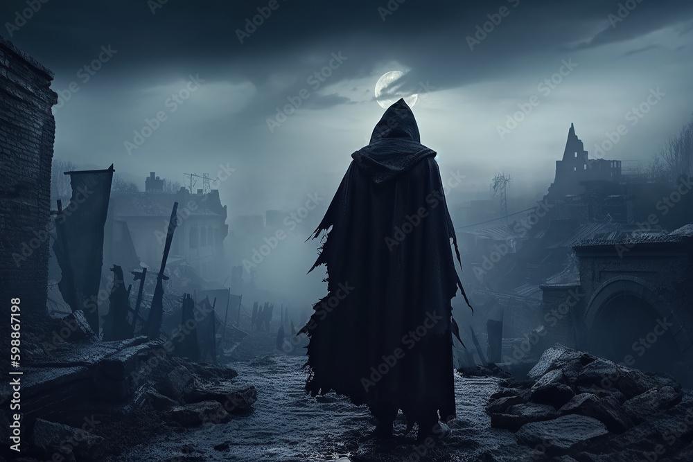 death in black cloak at night in fog against backdrop of a ruined city ...