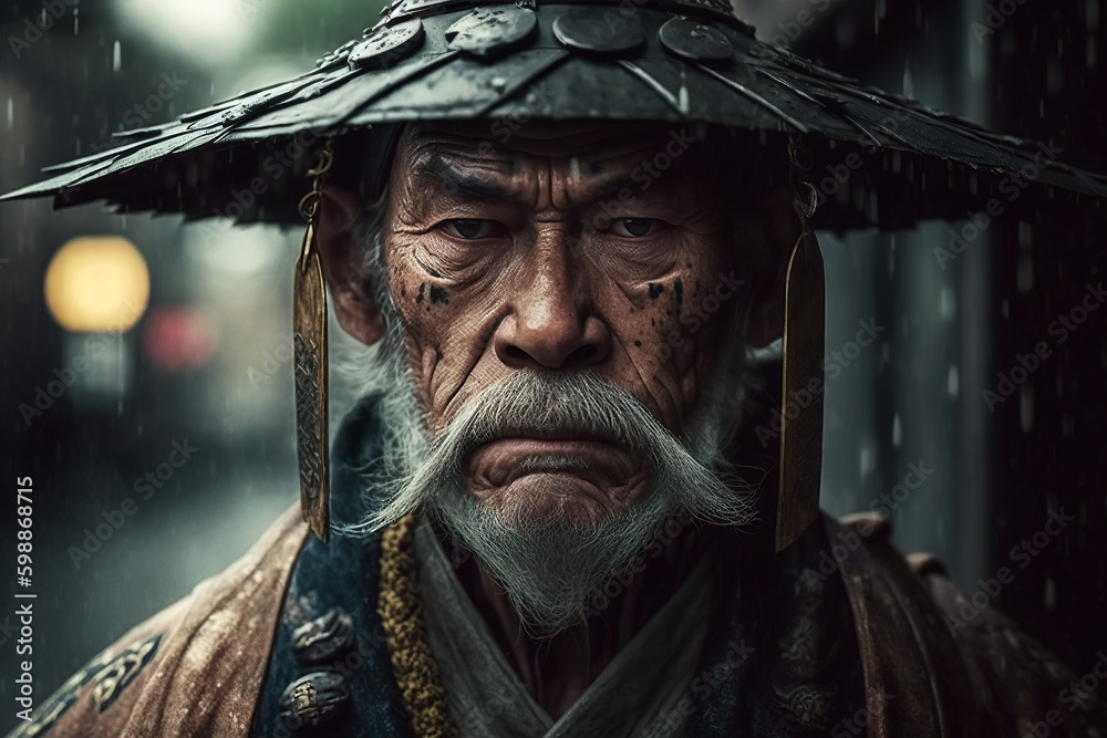 portrait of old Japanese samurai warrior in traditional Asian armor in ...