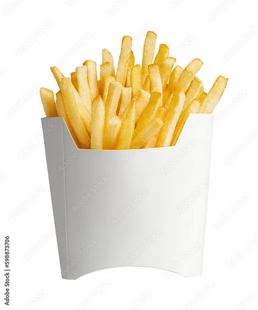 Front view of french fries in a white paper box Stock Photo | Adobe Stock