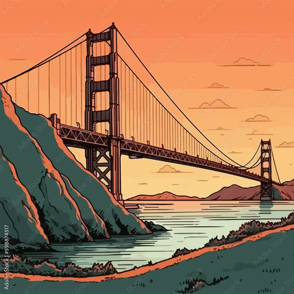 Flat multicolored illustration with the Golden Gate Bridge at sunset ...