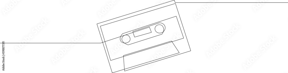 Continuous line drawing of retro compact tape cassette. Vintage music ...