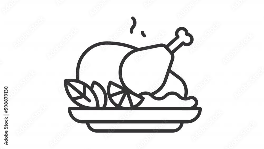 Animated roasted chicken line icon. Hot thanksgiving turkey on plate ...