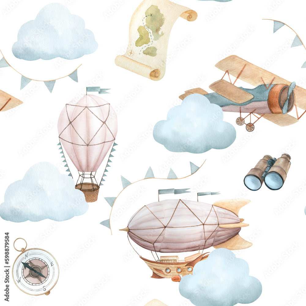Watercolor seamless pattern with vintage cute fairy tale cartoon clouds ...