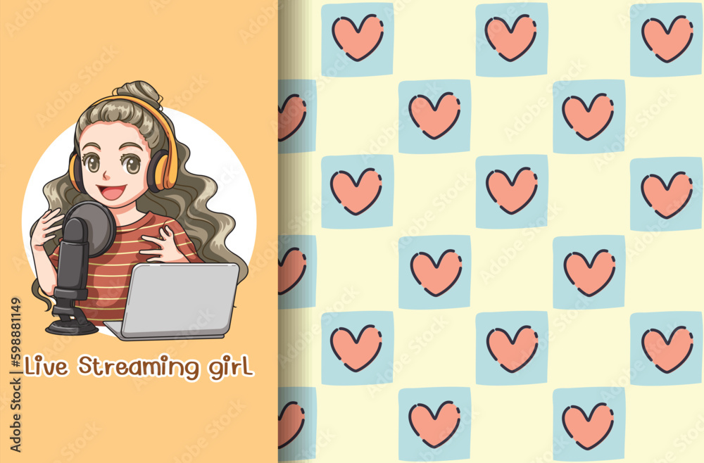 Greeting card and print seamless pattern live streaming girl, Cartoon ...