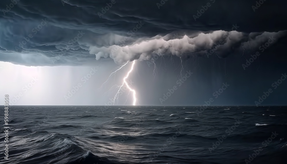 Powerful tornado with lightning flash over ocean or sea. Dark ominous ...