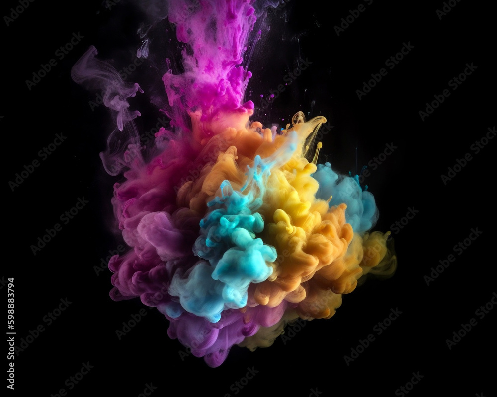 Color splash in water, colour ink dripped in liquid and powder ...