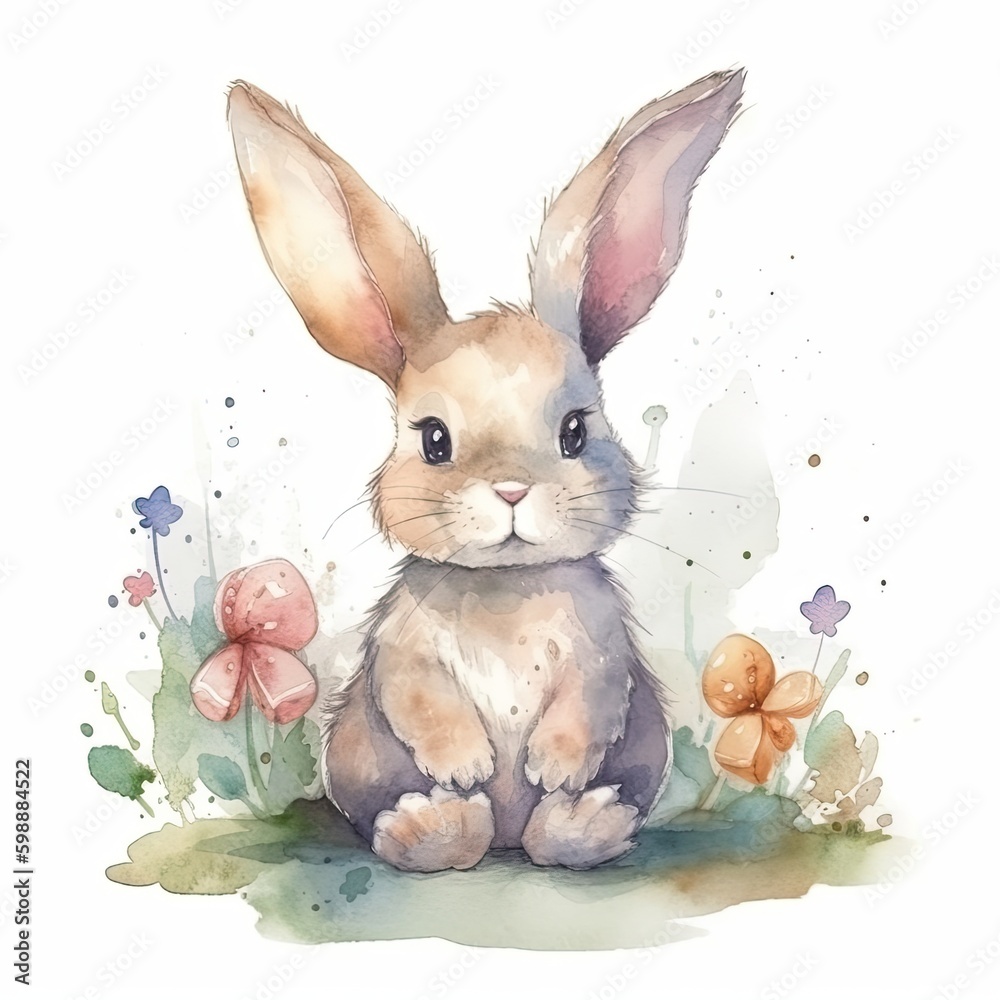 Cute Watercolour Bunny Rabbit Illustration, Handsketched watercolor ...
