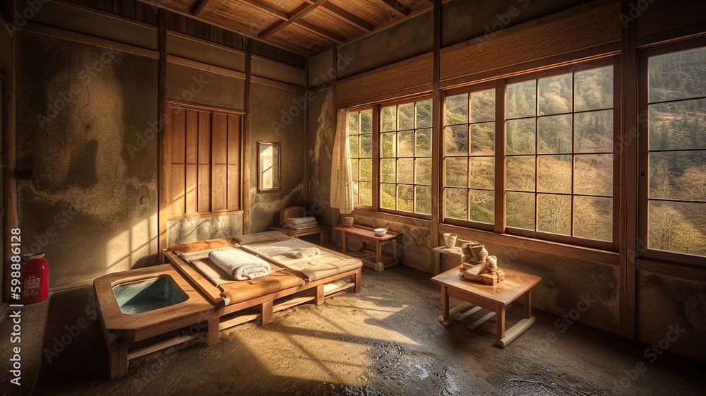Japanese Traditional Style Shower Room Named Onsen Hot Spring Generative Ai Stock Illustration