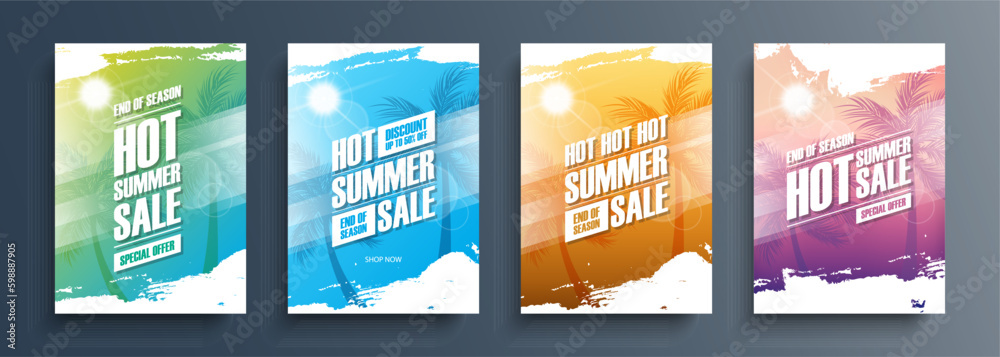 Hot Summer Sale Set. Summertime commercial backgrounds with palm trees ...
