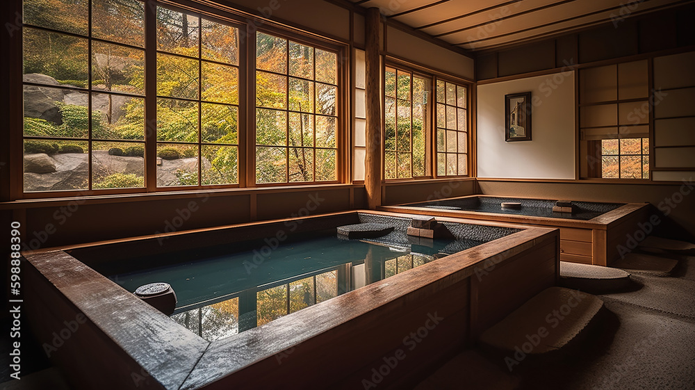 Japannese Hot spring onsen room. Generative Ai Stock Illustration ...