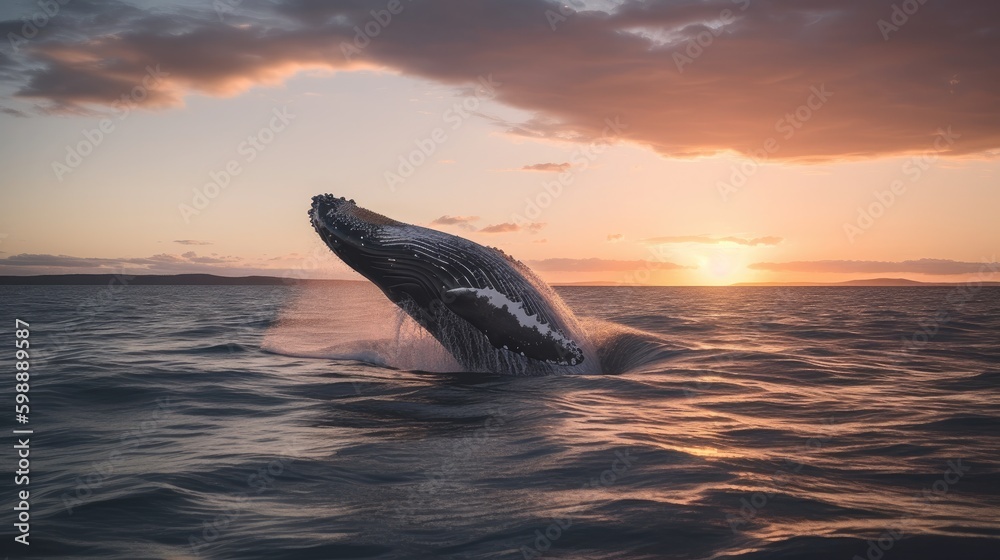 Jumping humpback whale over water on sunset background. Generative AI ...