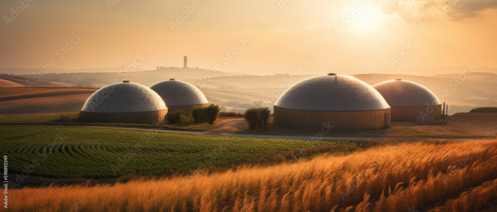 Biodigester facility with dome-shaped structures surrounded by farmland ...