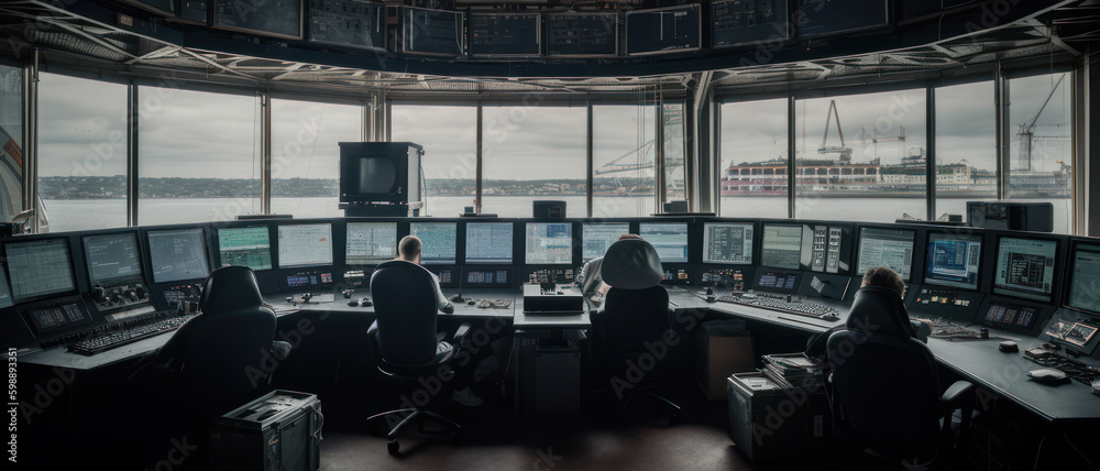 Control room workers monitoring cargo port information screens, tower ...
