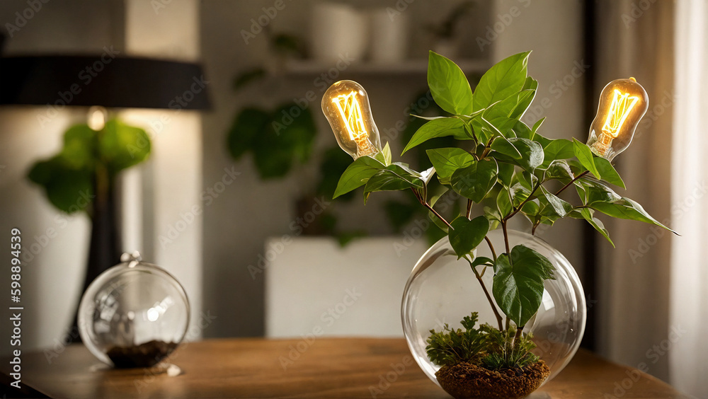green young plant with leafes and two light bulbs growing out of a ...