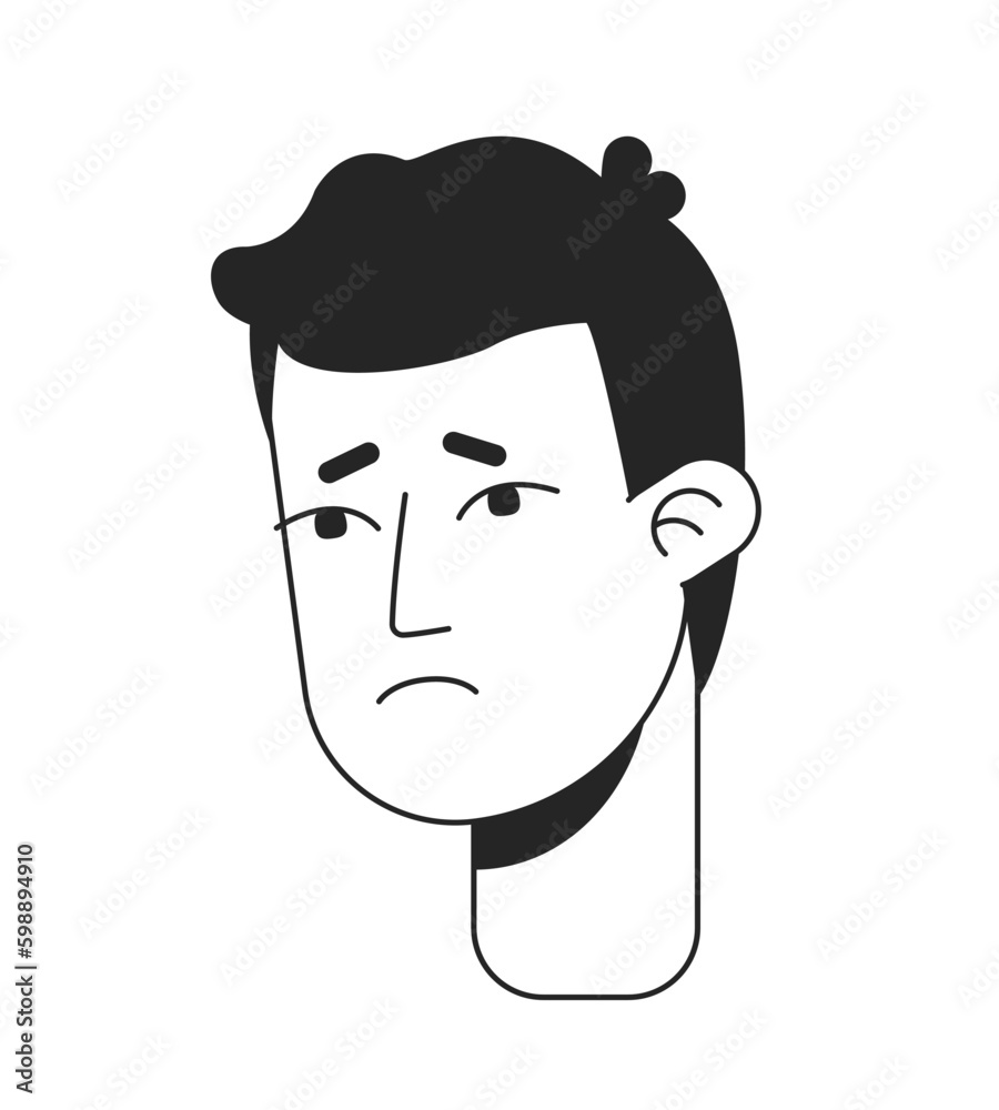 Young man feeling downhearted flat line monochromatic vector character ...