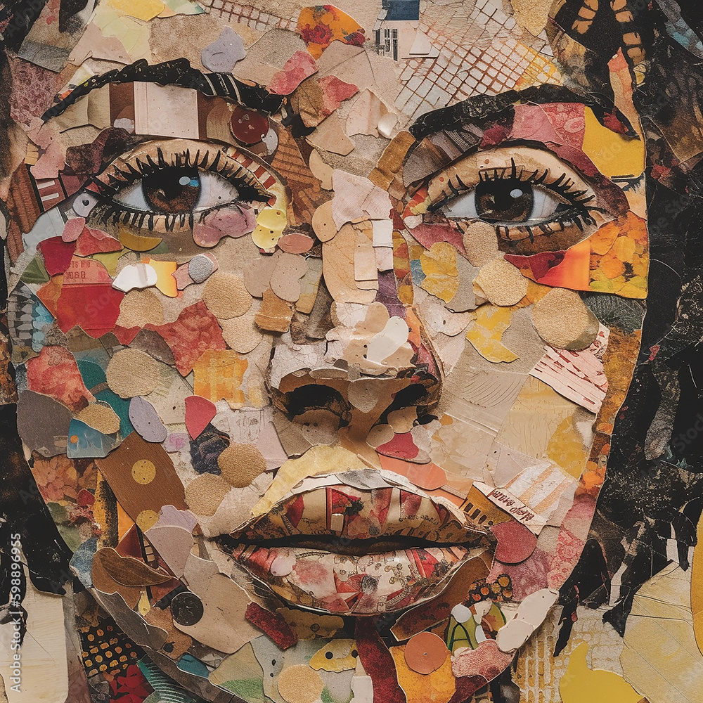 illustrazione di viso di donna in stile mosaico con diversi materiali ...