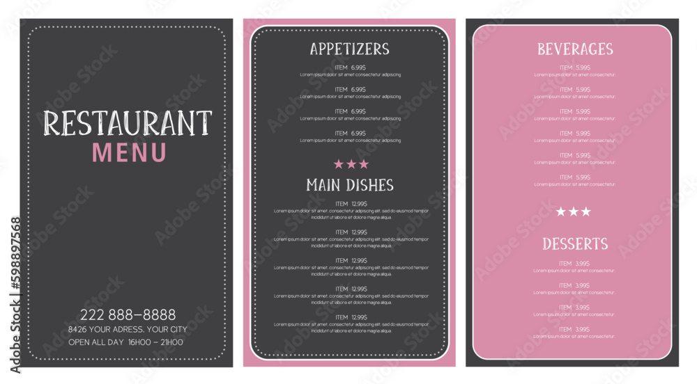 Restaurant menu design layout pink and dark grey Stock Vector | Adobe Stock