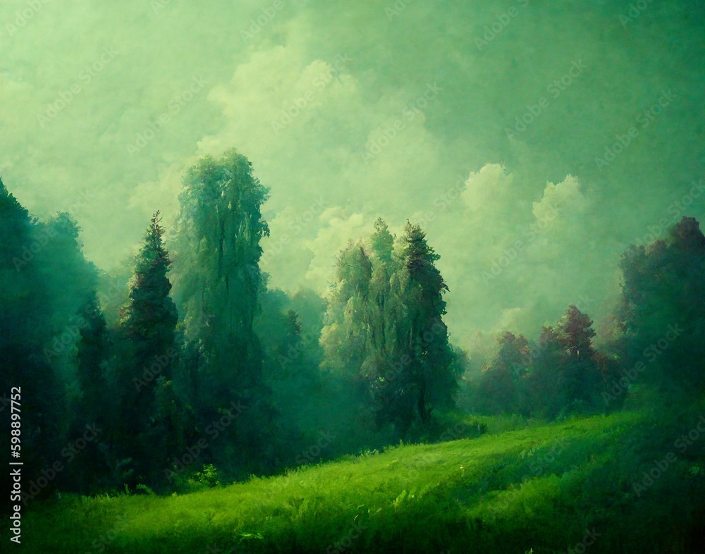Abstract green meadow and forest background. clear skies, feeling ...