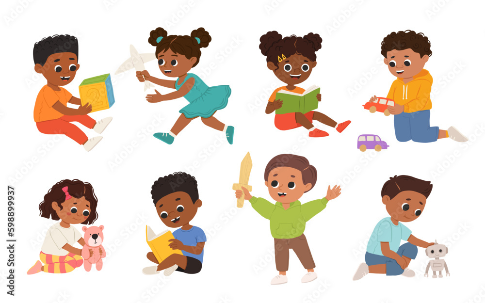 Children of color, kids play together having fun, fooling around in ...