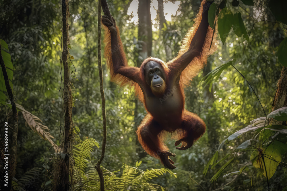 An Orangutan Swinging Through the Lush Green Rainforest Canopy, a ...