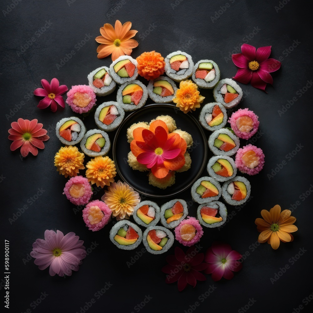 Elevating sushi presentation with a blooming flower design and serene ...