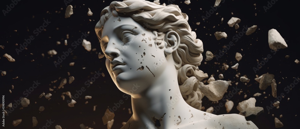 Broken ancient Greek statue head falling apart into piecesmonitors ...