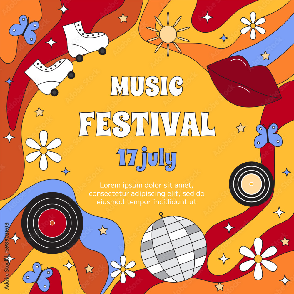 Vector groovy retro music festival invitation backdrop template. Disco ...
