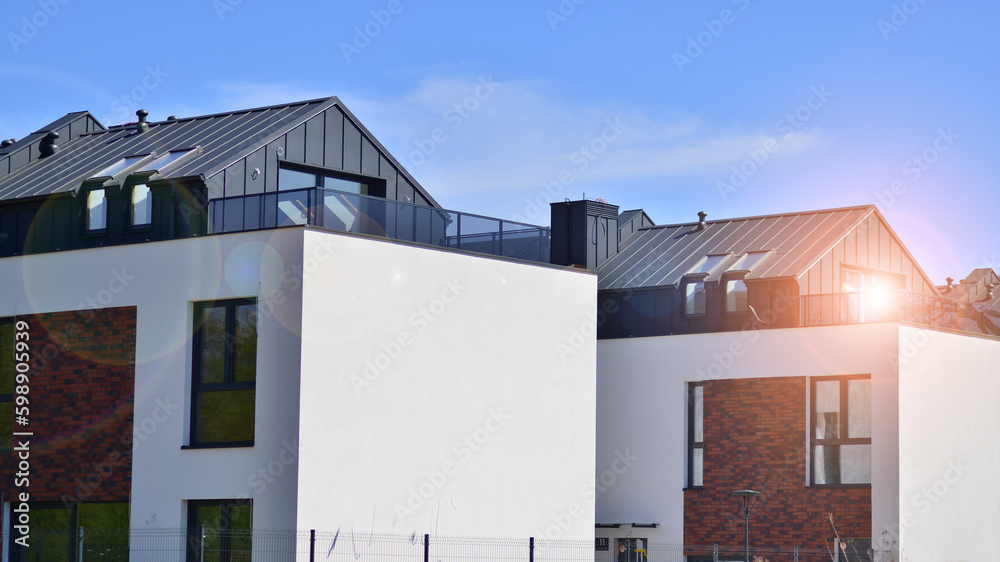 Terraced family homes in newly developed housing estate. The real ...