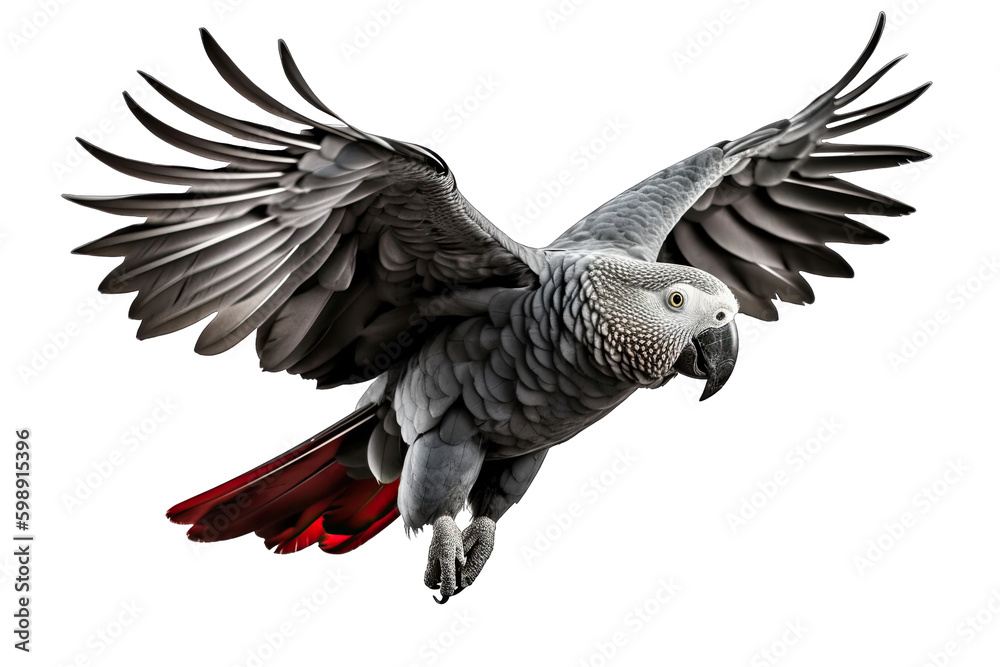 Congo African Grey Parrot flying isolated on white, transparent ...