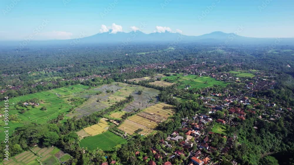 Mountain range visible from Ubud at good weather, aerial panoramic shot ...