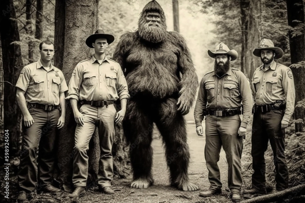 Aged historical photograph with a group of US Forest Rangers and a ...