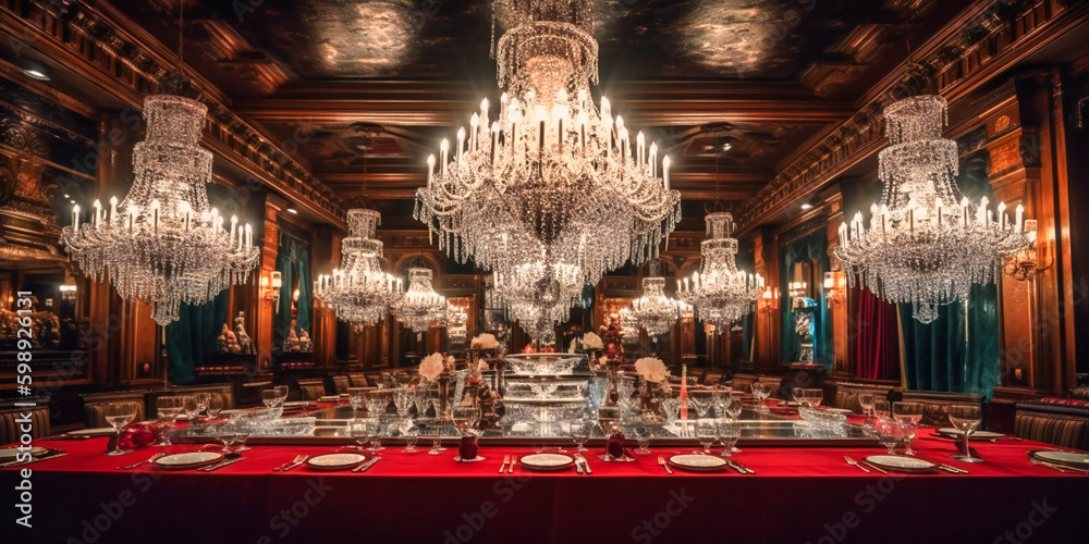 A symmetrical view of a grand dining hall featuring a majestic crystal ...