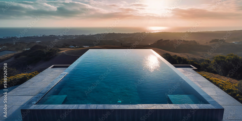 A modern infinity pool that blends seamlessly with nature, showcasing a ...