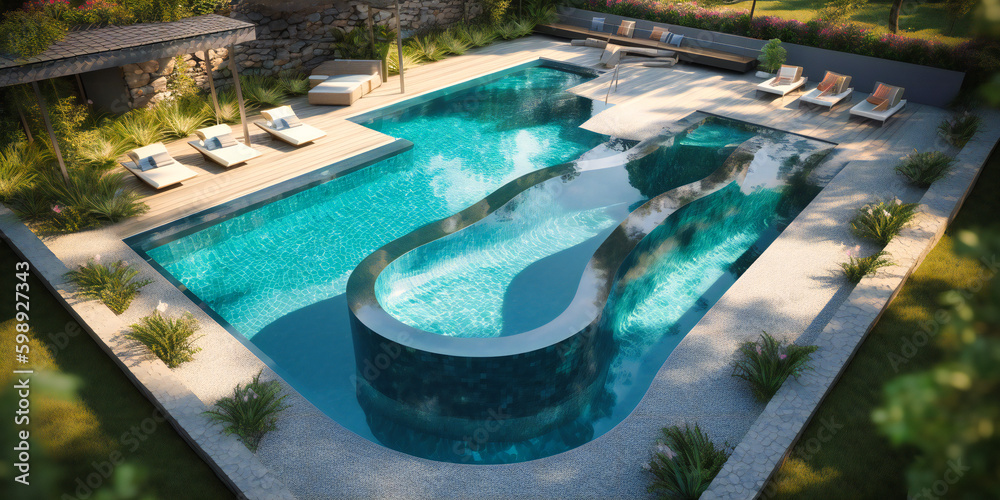 A stunning outdoor pool with a modern design that boasts a unique shape ...