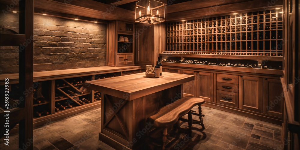 A close-up view of a cozy wine cellar with custom-built storage and ...