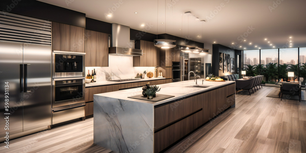 A wide-angle view of a modern kitchen with top-of-the-line appliances ...
