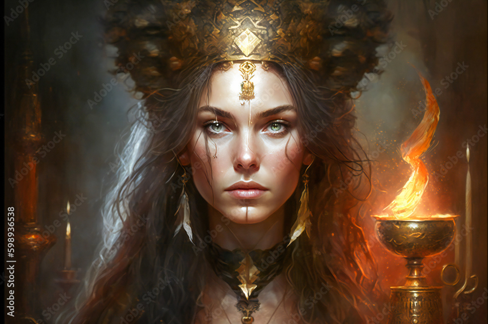 Young woman, maybe a priestess or a goddess, with lit candles ...