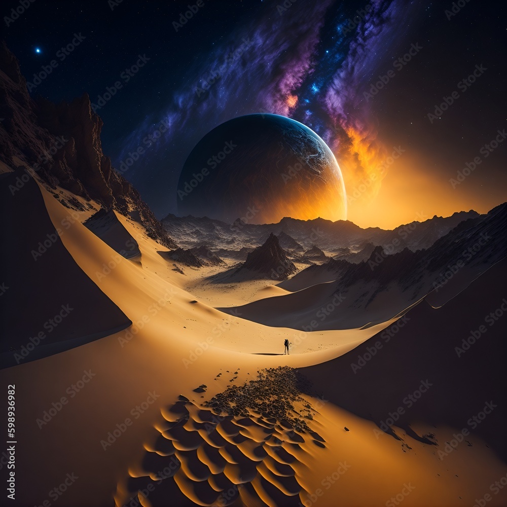 Realistic illustration of galactic landscape, desert with bold tones ...