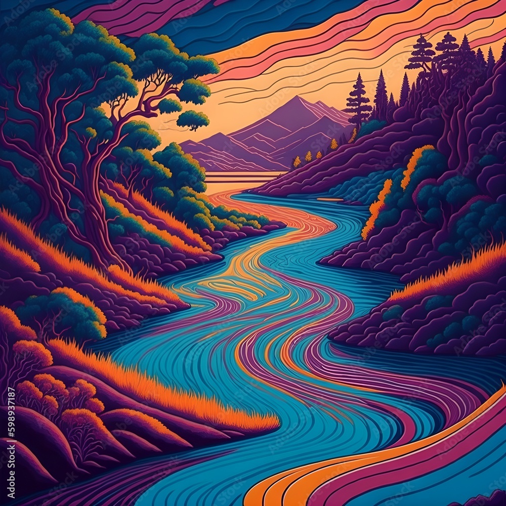 Colorful painting with a river flowing through it, super intricate ...