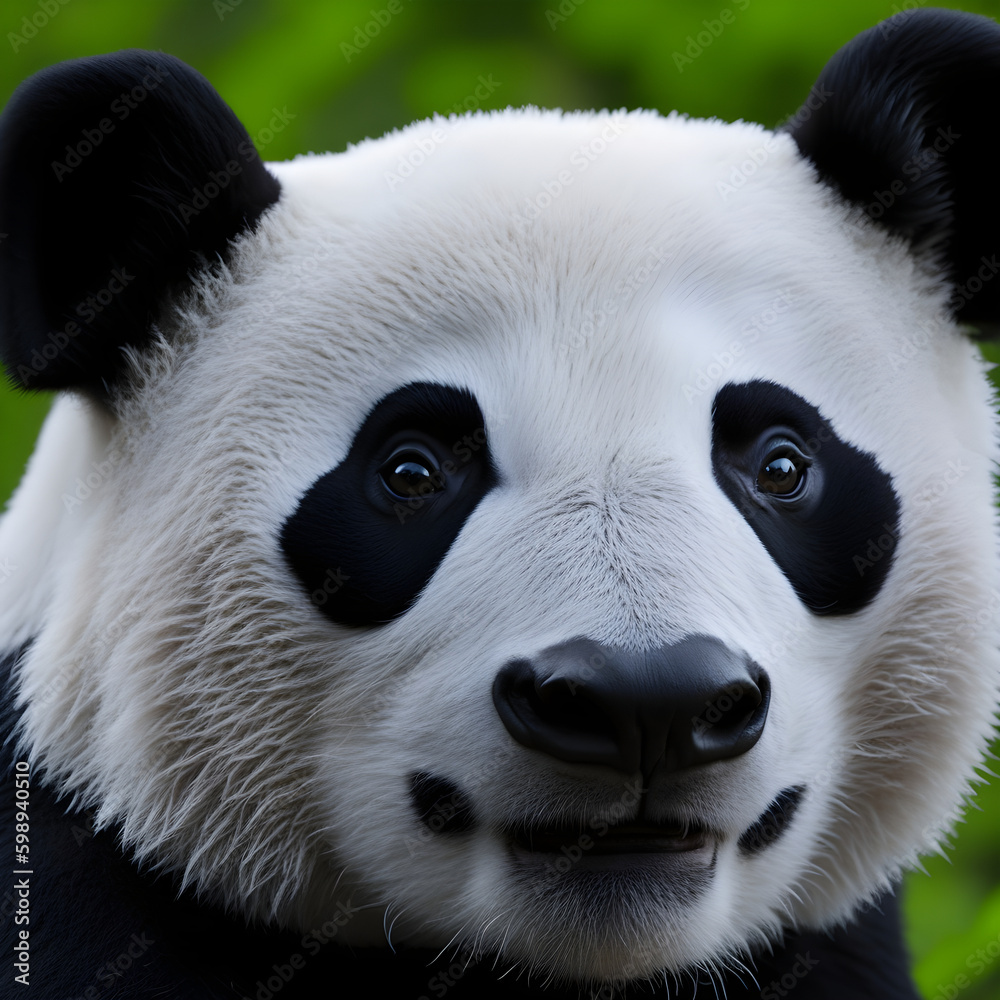 A close-up photo of a panda's face with its iconic black and white ...