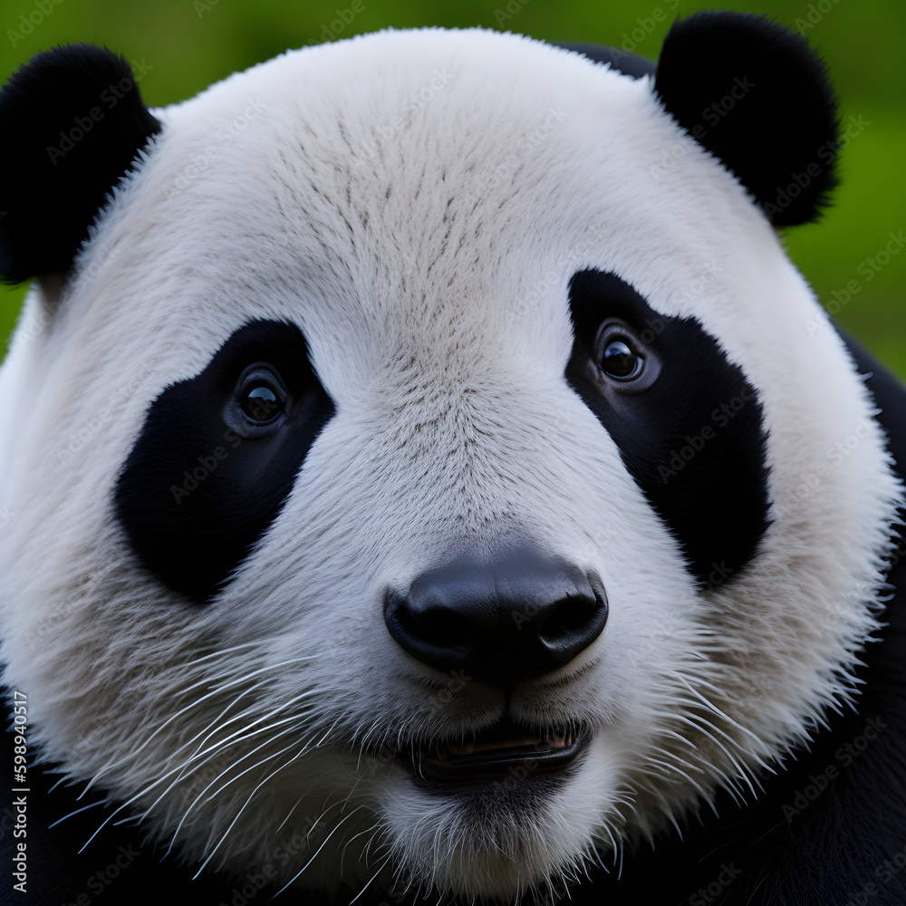 A close-up photo of a panda's face with its iconic black and white ...