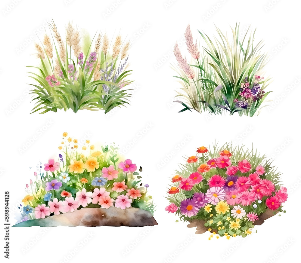 Garden blooming flower bed set. Landscape design set. Hand drawn ...