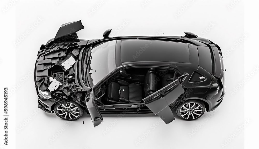 black car get damaged by accident on the road. Isolated on white ...