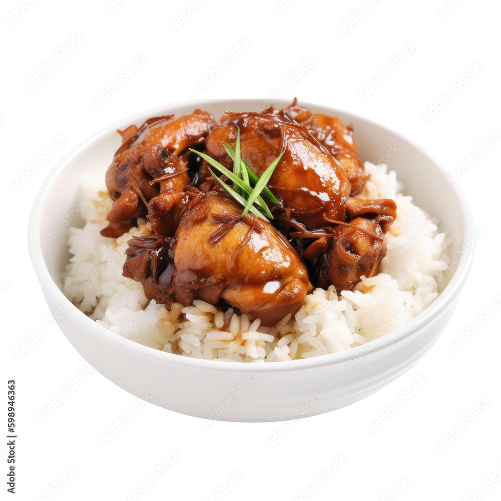 bowl of chicken adobo with rice isolated on a transparent background ...